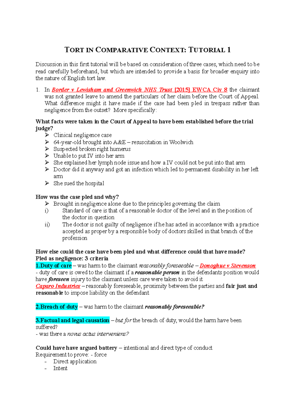 Tutorial 1 - TORT IN COMPARATIVE CONTEXT: TUTORIAL 1 Discussion in this first tutorial will be ...
