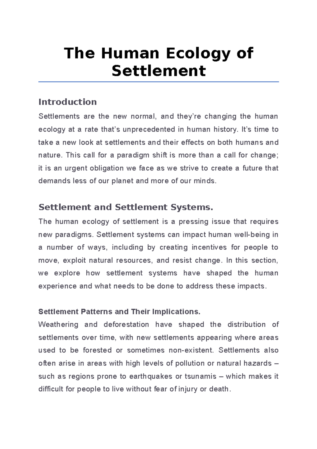The Human Ecology of Settlement - The Human Ecology of Settlement ...