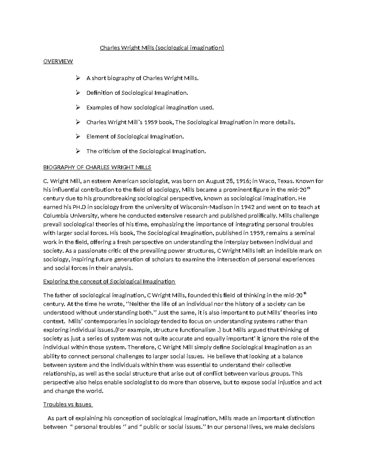 Charles Wright Mills (1) - ⮚ Definition of Sociological Imagination ...