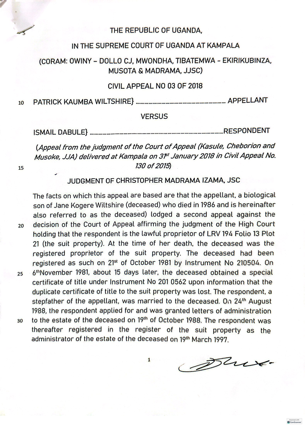 Patrick Kaumba Wiltshire v. Ismail Dabule - THE REPUBLIC OF UGANDA, IN ...