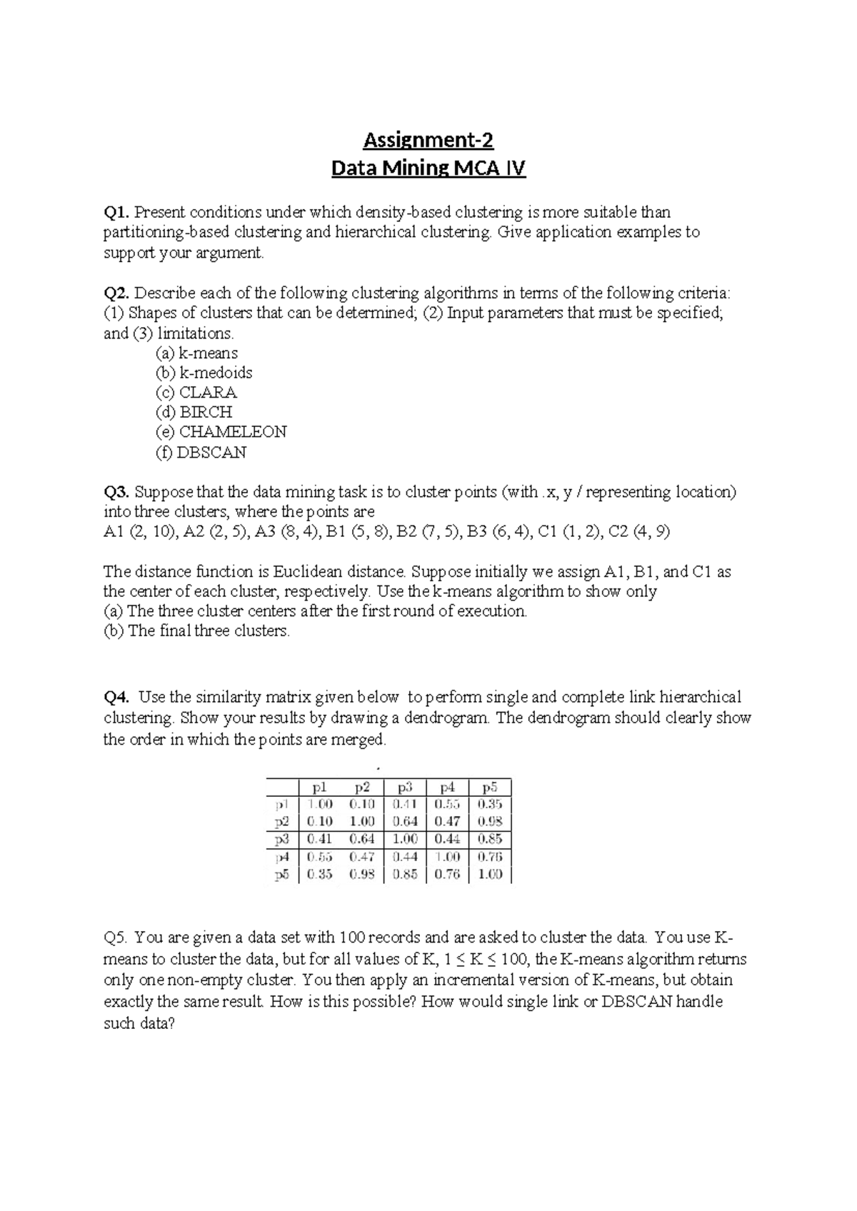 Assignment 2-clustering - Assignment- Data Mining MCA IV Q1. Present conditions under which ...