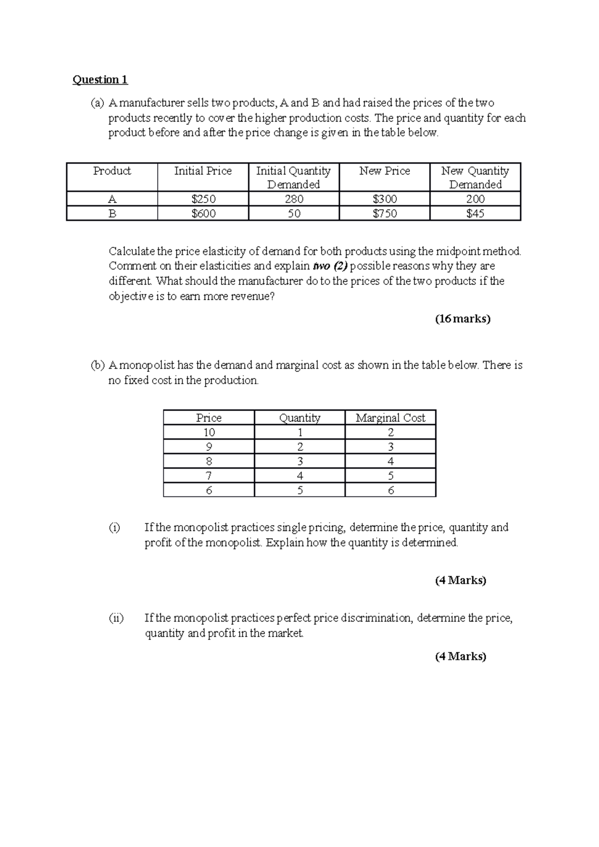 TOA Questions - 2023 - (a) A manufacturer sells two products, A and B ...