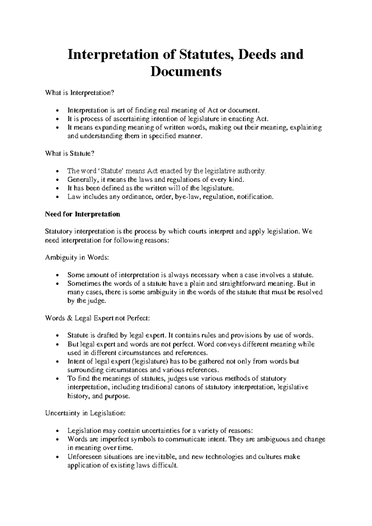Interpretation of Statutes - • It is process of ascertaining intention ...