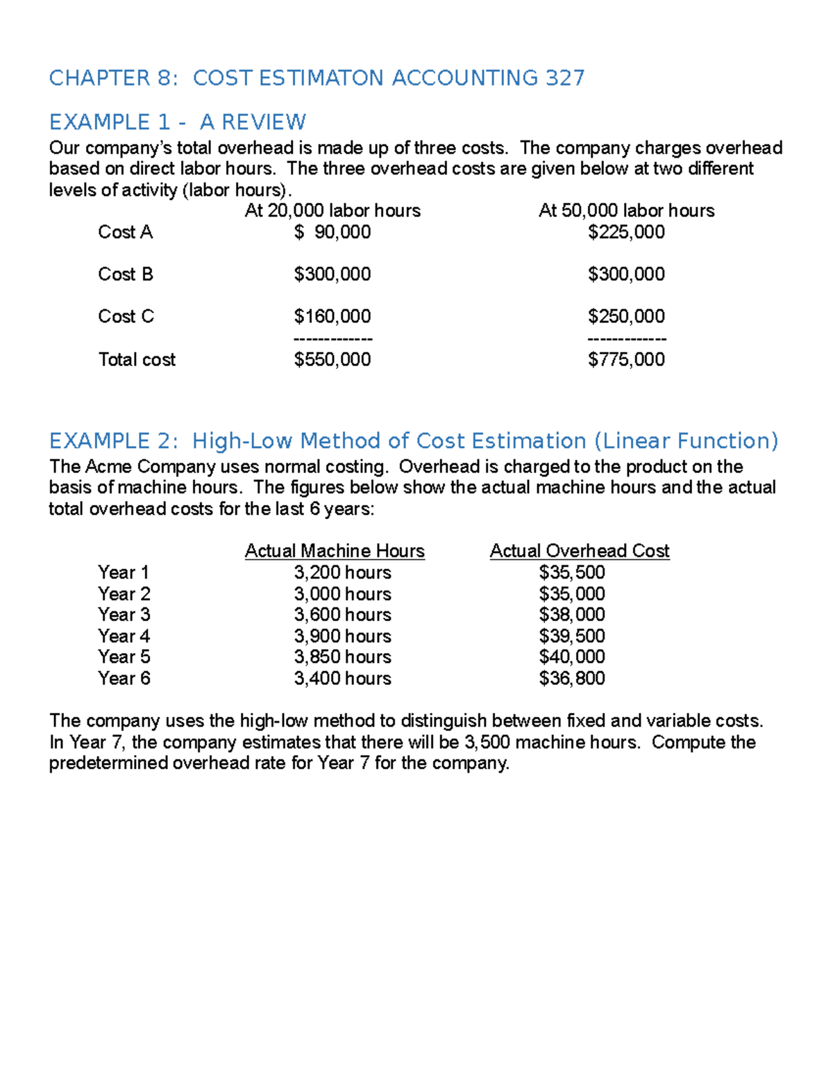 Examples for Chapter 8 Cost Estimation - Behavior - CHAPTER 8: COST ...