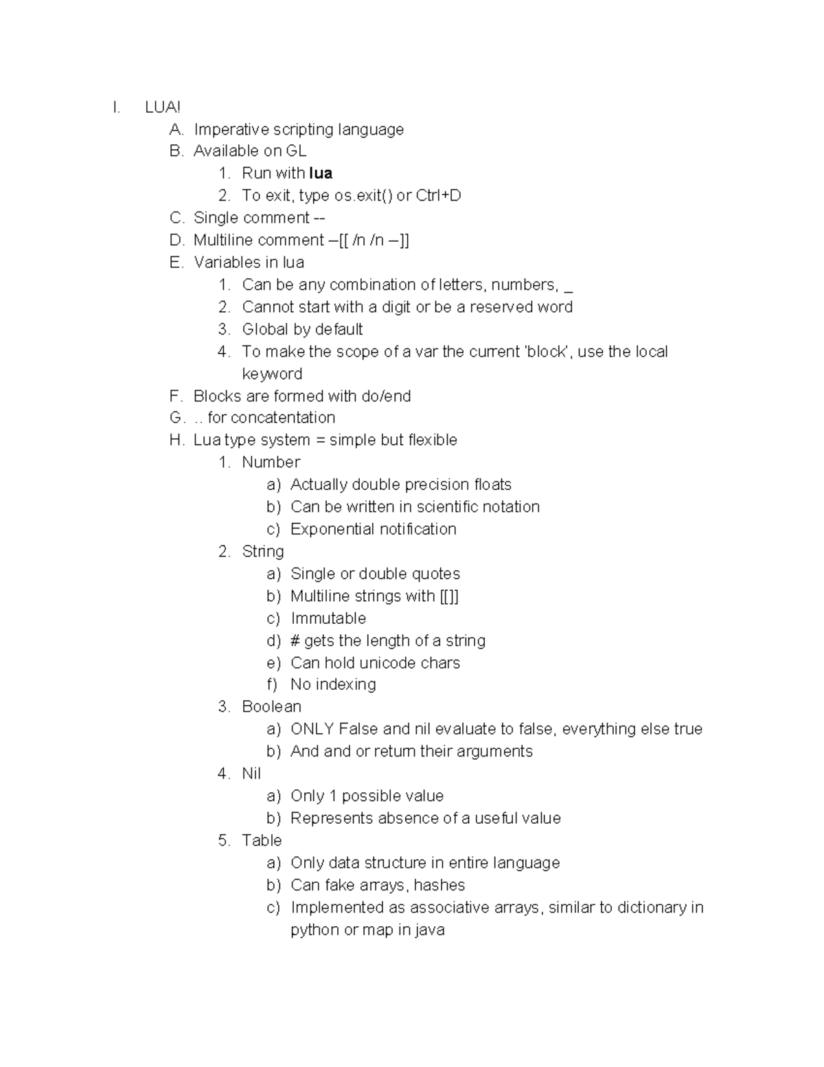 Cmsc331 notes - I. LUA! A. Imperative scripting language B. Available ...