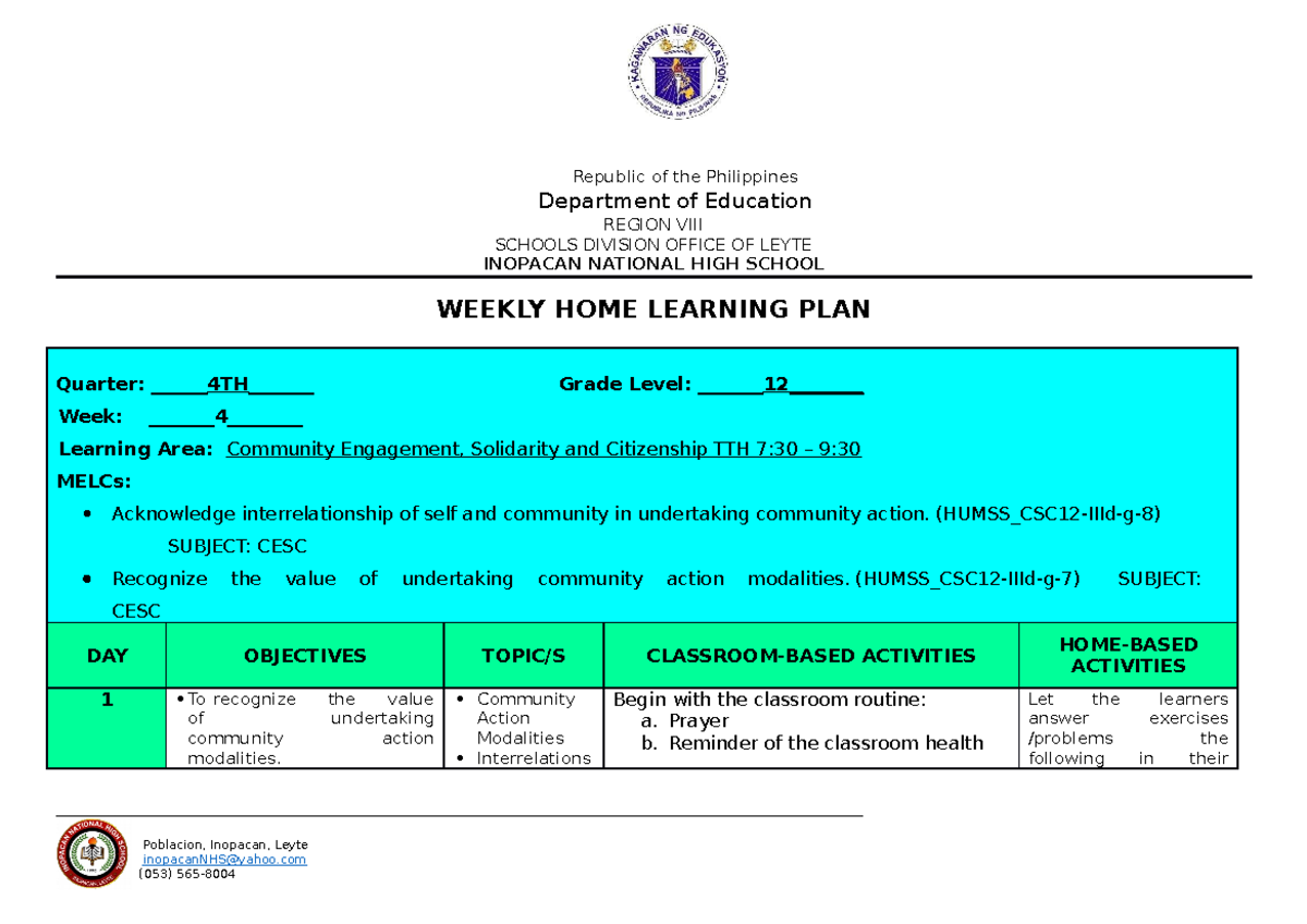 WHLP-F2F - new weekly home learning plan format - Department of ...