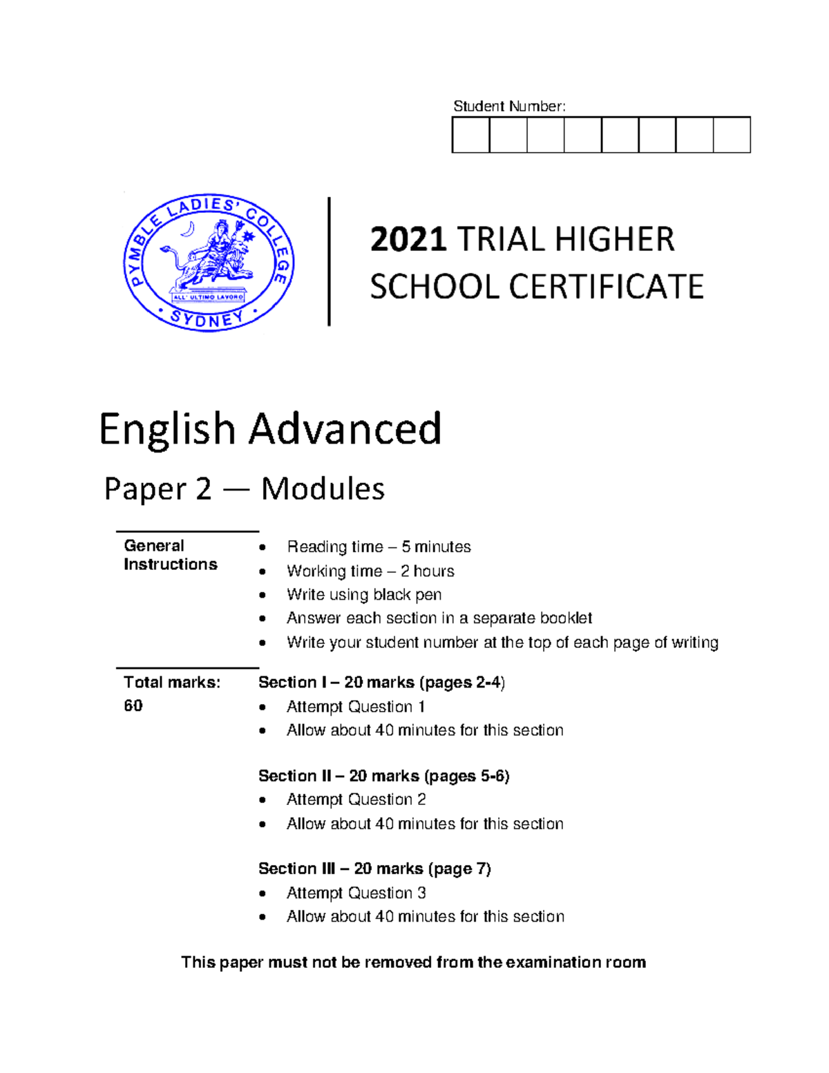 2021 English Advanced Paper 2 Modules - Student Number: English ...