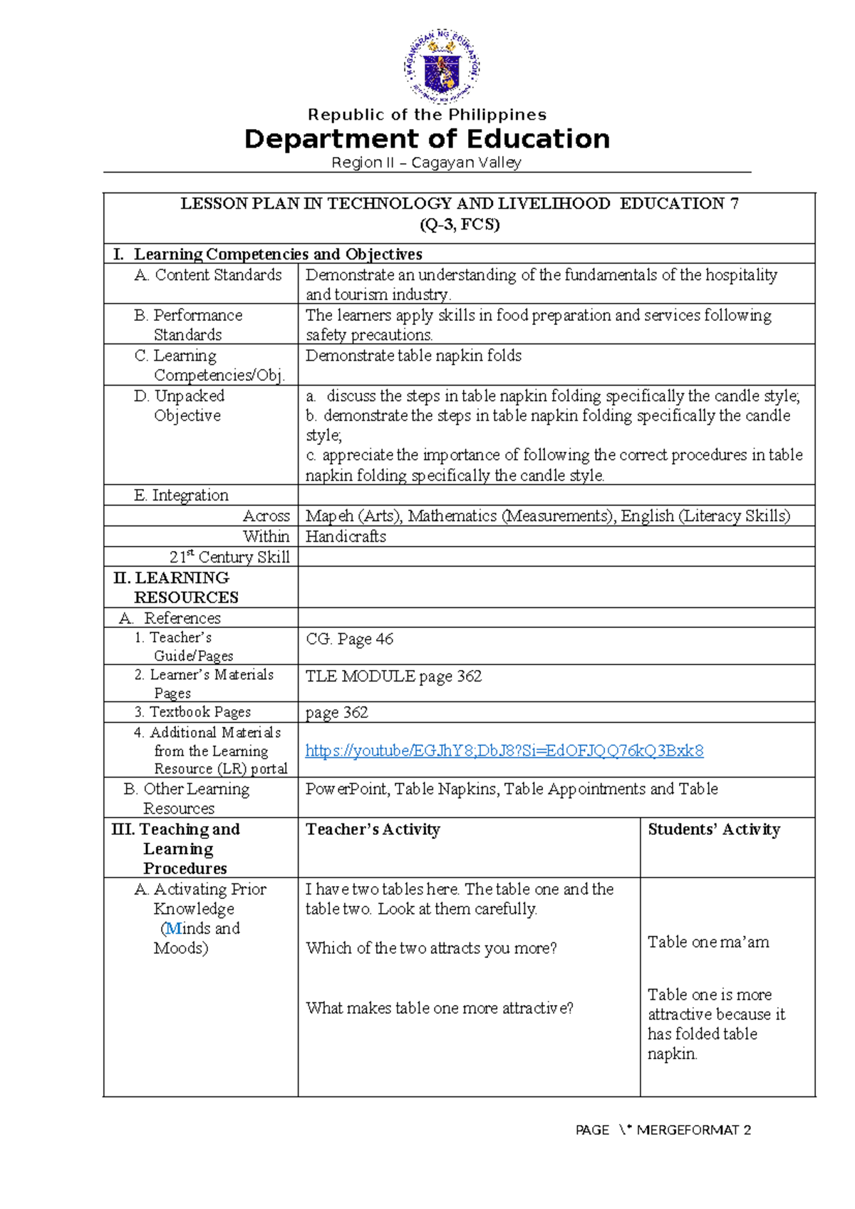 Tle7-demo-dtot - IT IS A CLASSROOM OBSERVATION TOOL IN TLE - Department ...