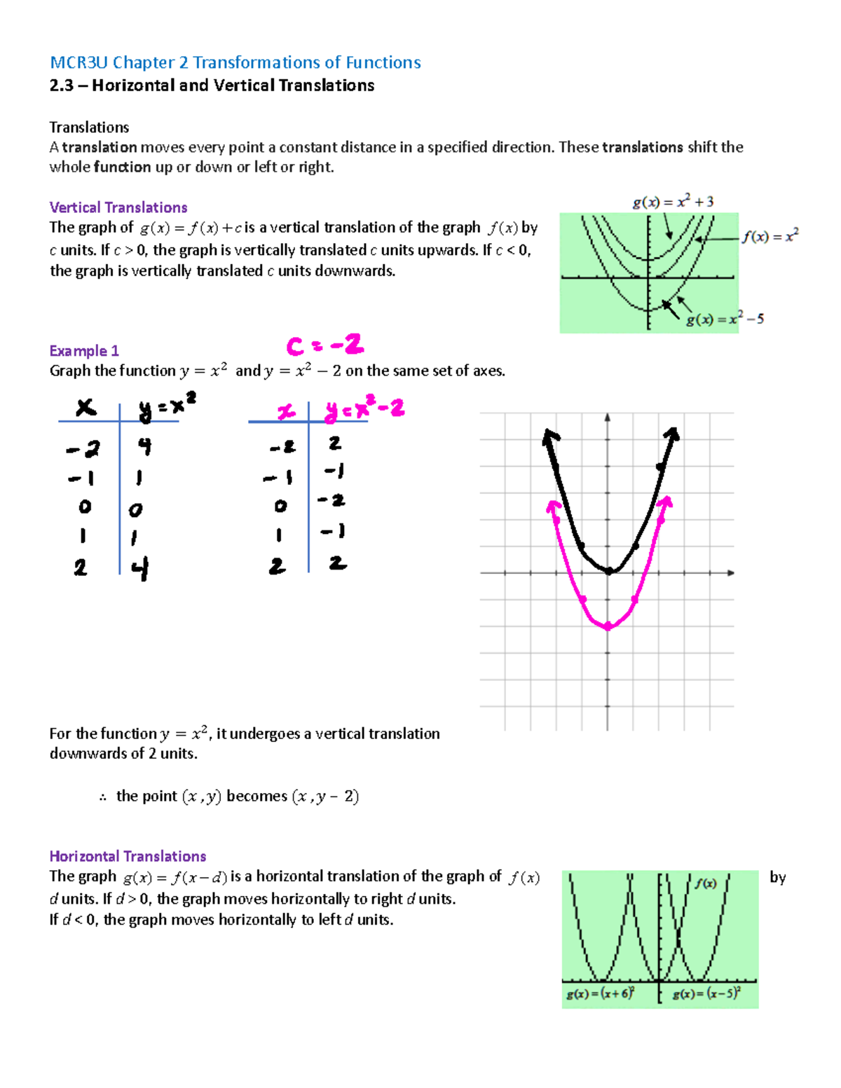 2.3 Vertical and Horizontal Translations - complete - MCR3U Chapter 2 Transformations of ...