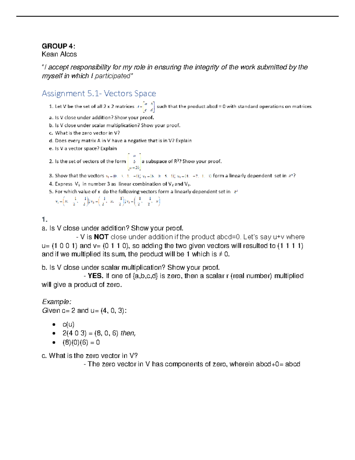 Ass 5.1 vector spaces - homeworks - GROUP 4: Kean Alcos “I accept responsibility for my role in ...