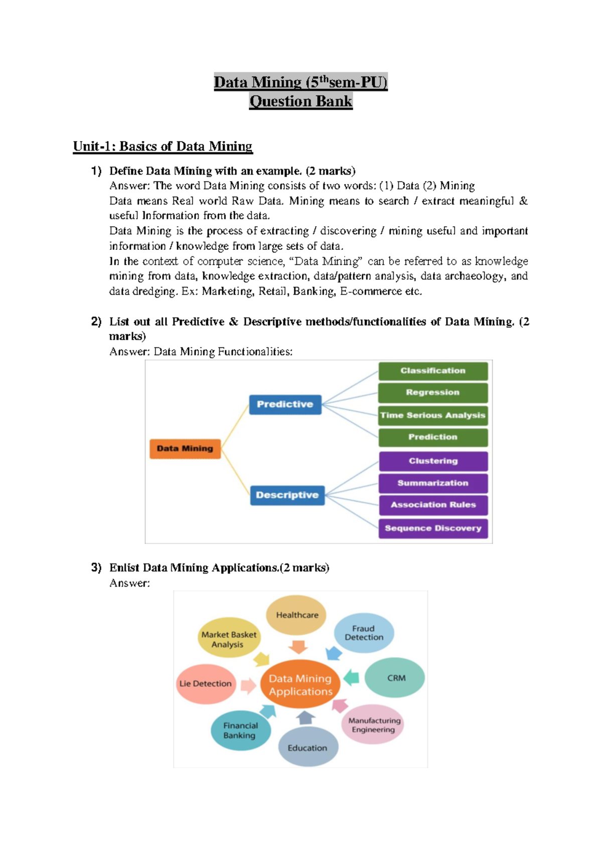 Question Bank (All Units) with answers Data mining - Data Mining ( th sem-PU) Question Bank Unit ...
