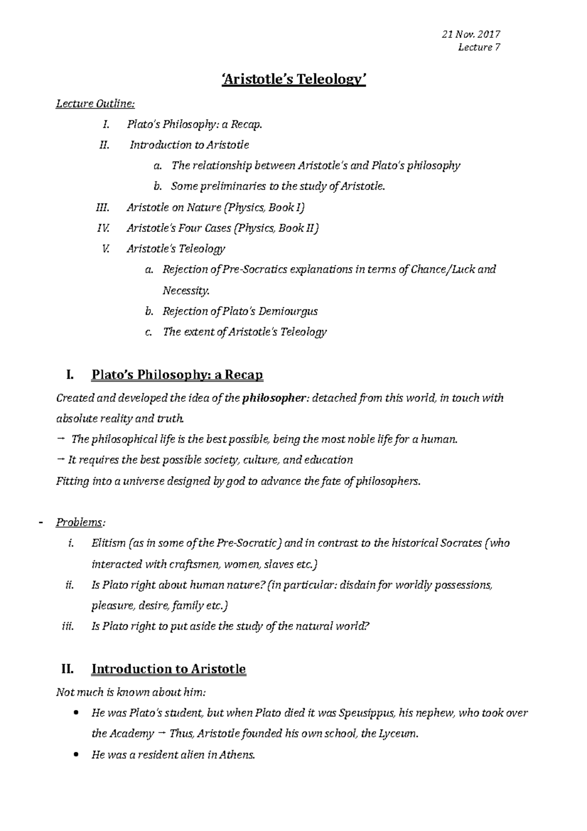 Lecture 7 Aristotle's Teleology - 21 Nov. 2017 Lecture 7 ‘Aristotle’s ...