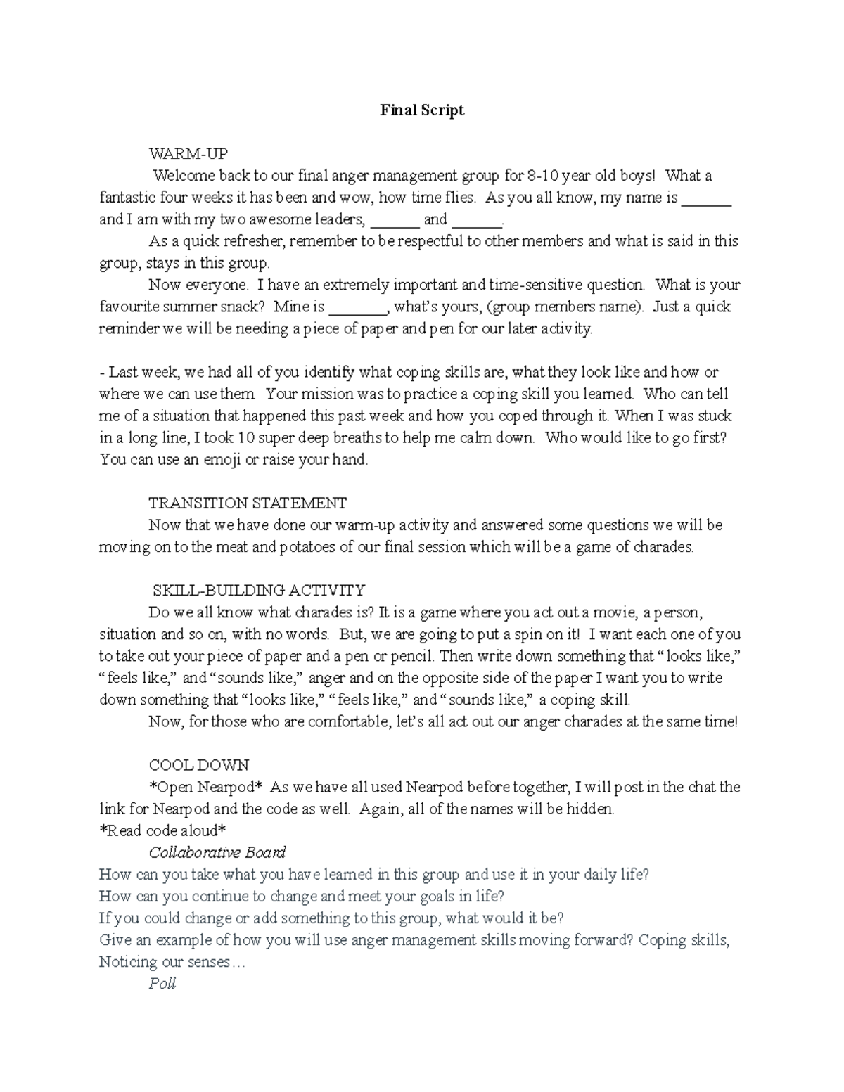 Anger Management Group Script - Final Script WARM-UP Welcome back to ...