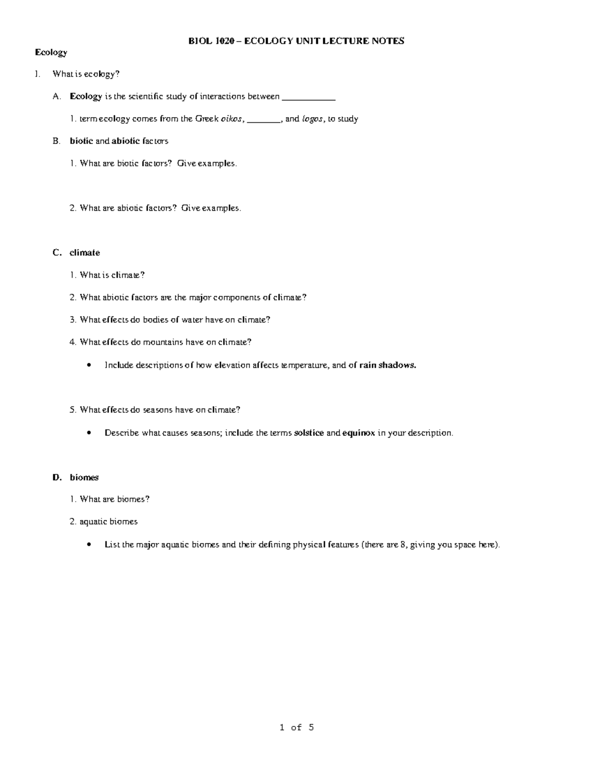 principles of ecology notes for ch 2 - Ecology I. What is ecology? A ...