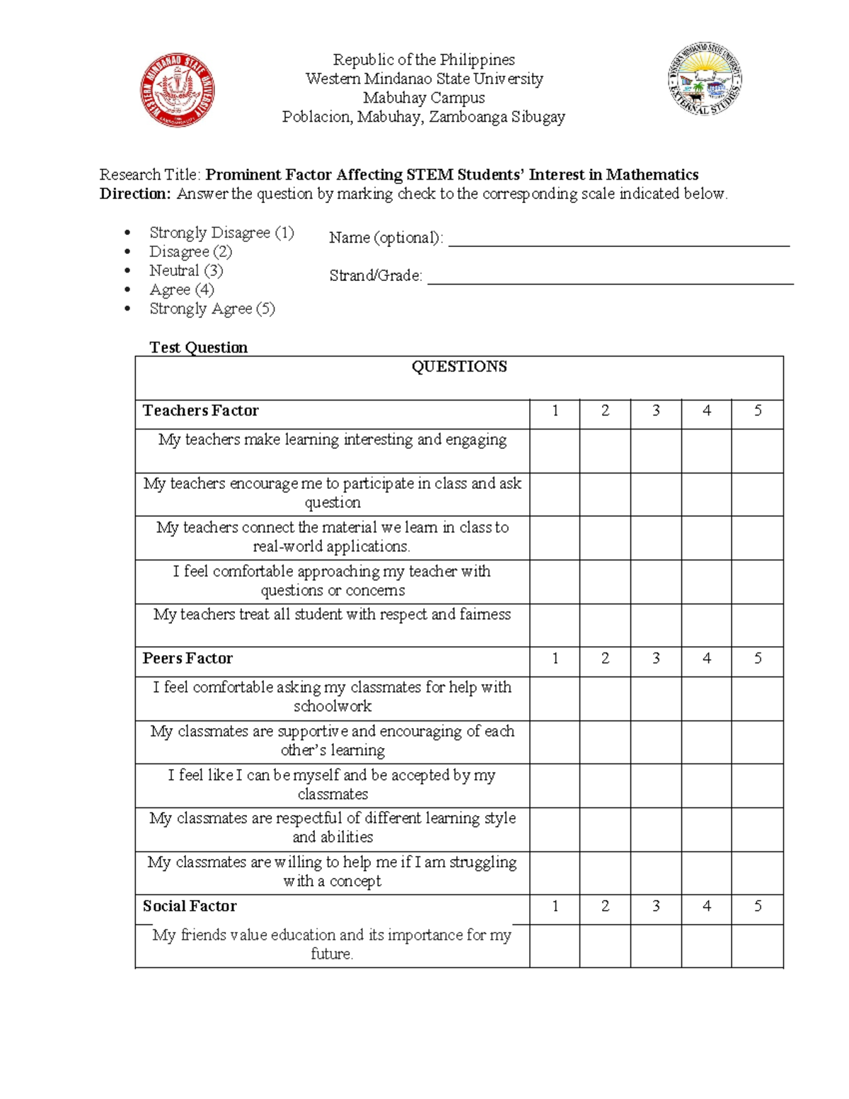 Research questionnaire - Republic of the Philippines Western Mindanao ...