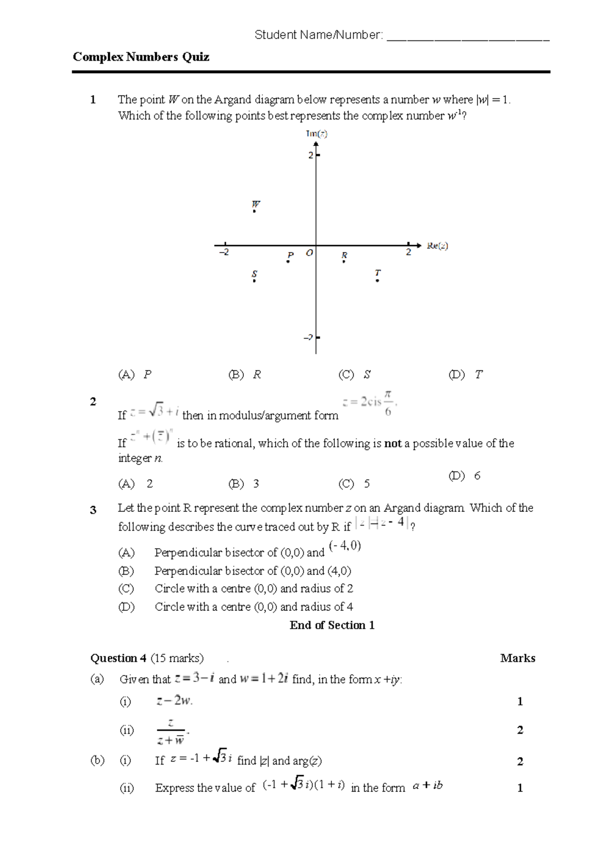 Complex Nos Quiz (From task 1 2016 ) - Complex Numbers Quiz 1 The point ...