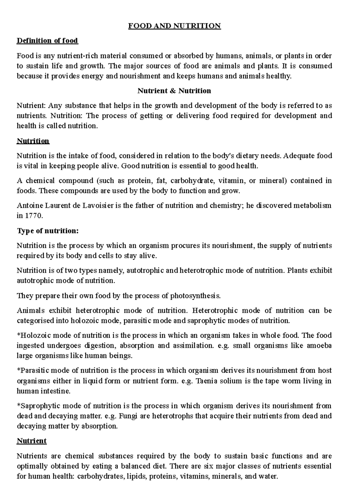 FOOD AND NUTRITION - FOOD AND NUTRITION Definition of food Food is any ...