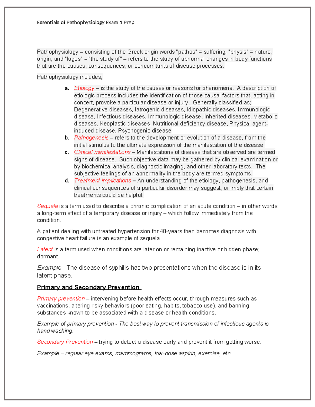 Patho Exam 1 Review - Pathophysiology – consisting of the Greek origin ...