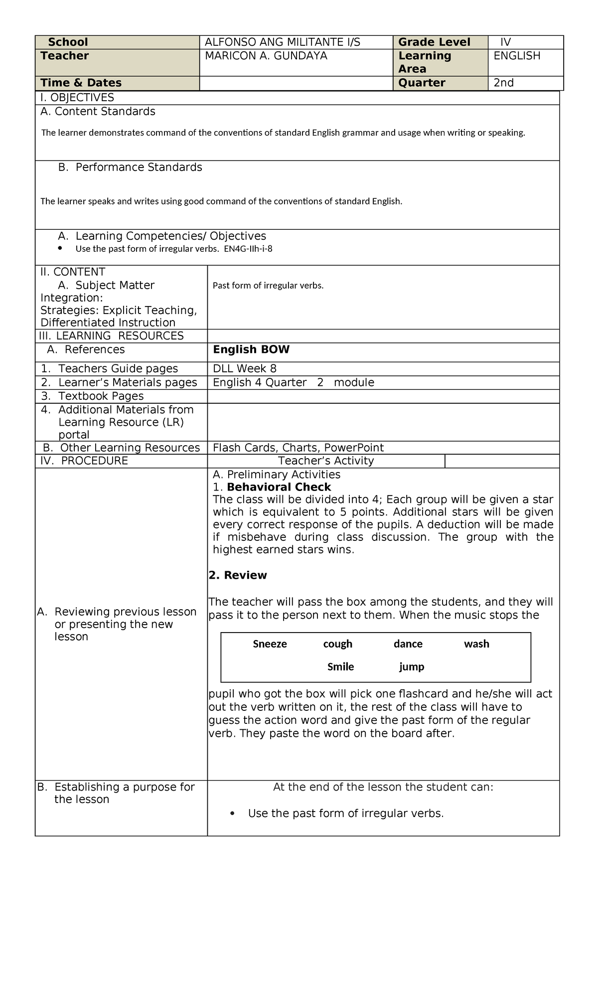 English Grade 4 Action WORD - School ALFONSO ANG MILITANTE I/S Grade ...