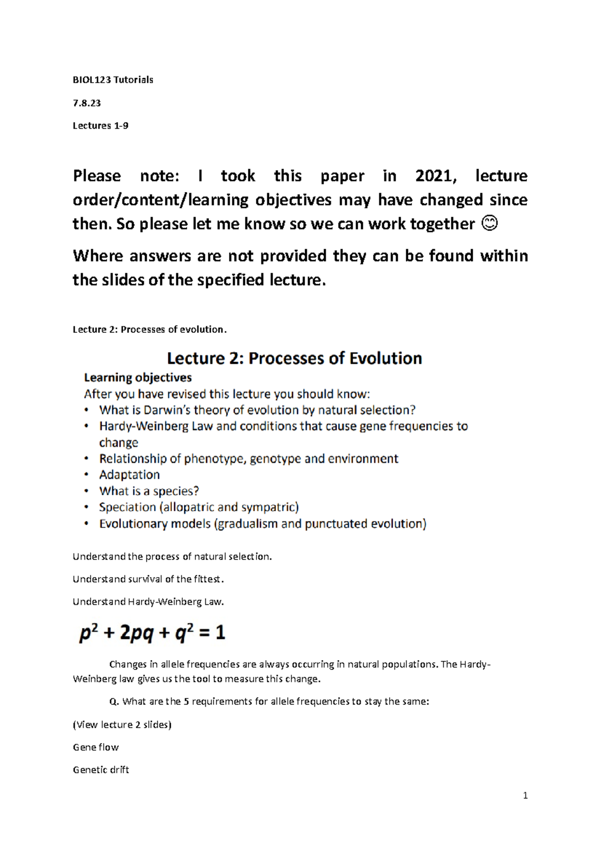 BIOL123 Tutorials Lectures 1-9 - BIOL123 Tutorials 7. Lectures 1 ...