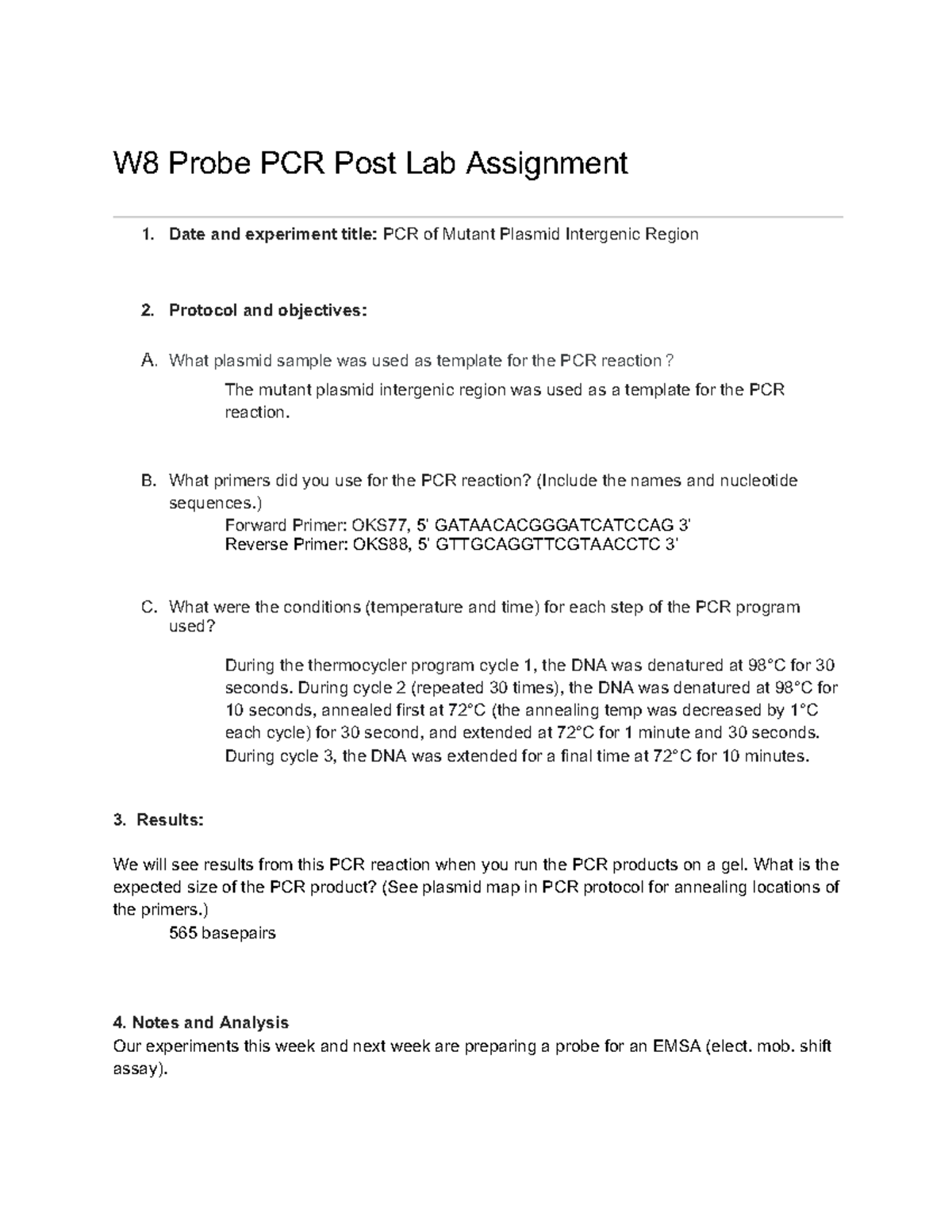 W8 Probe PCR Postlab - Post-Lab - W8 Probe PCR Post Lab Assignment Date ...