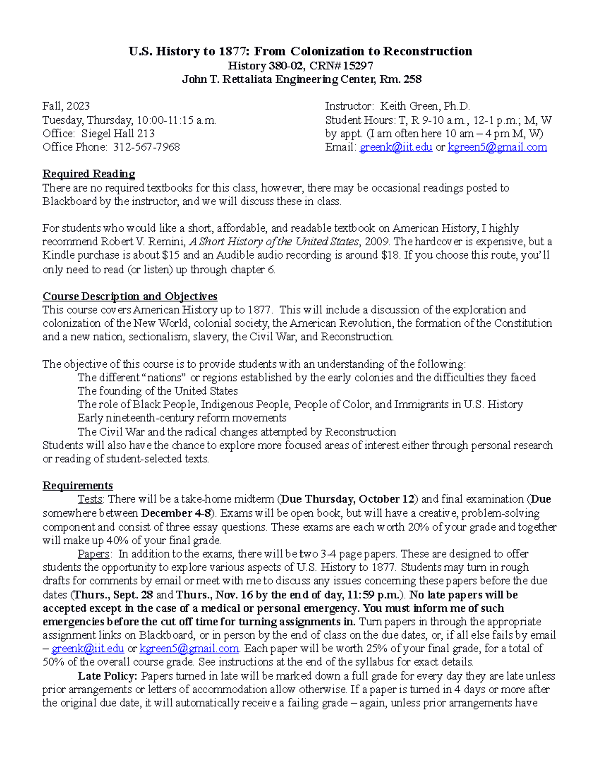 American 1Syl Fall 23 - U. History to 1877: From Colonization to ...