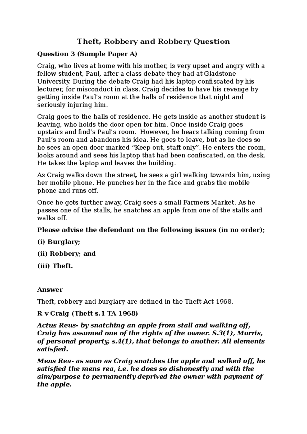 Sample/practice exam 2017, questions - Theft, Robbery and Robbery ...