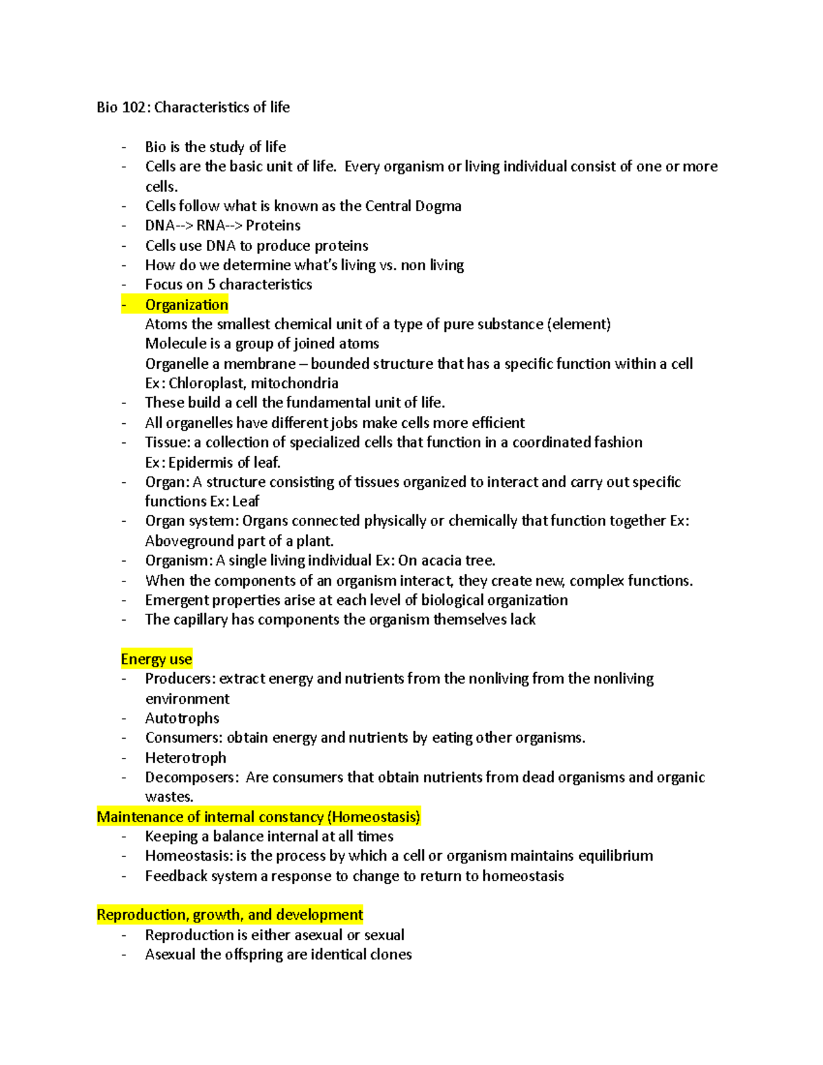 Bio Notes CH 1 - helps study - Bio 102: Characteristics of life Bio is ...