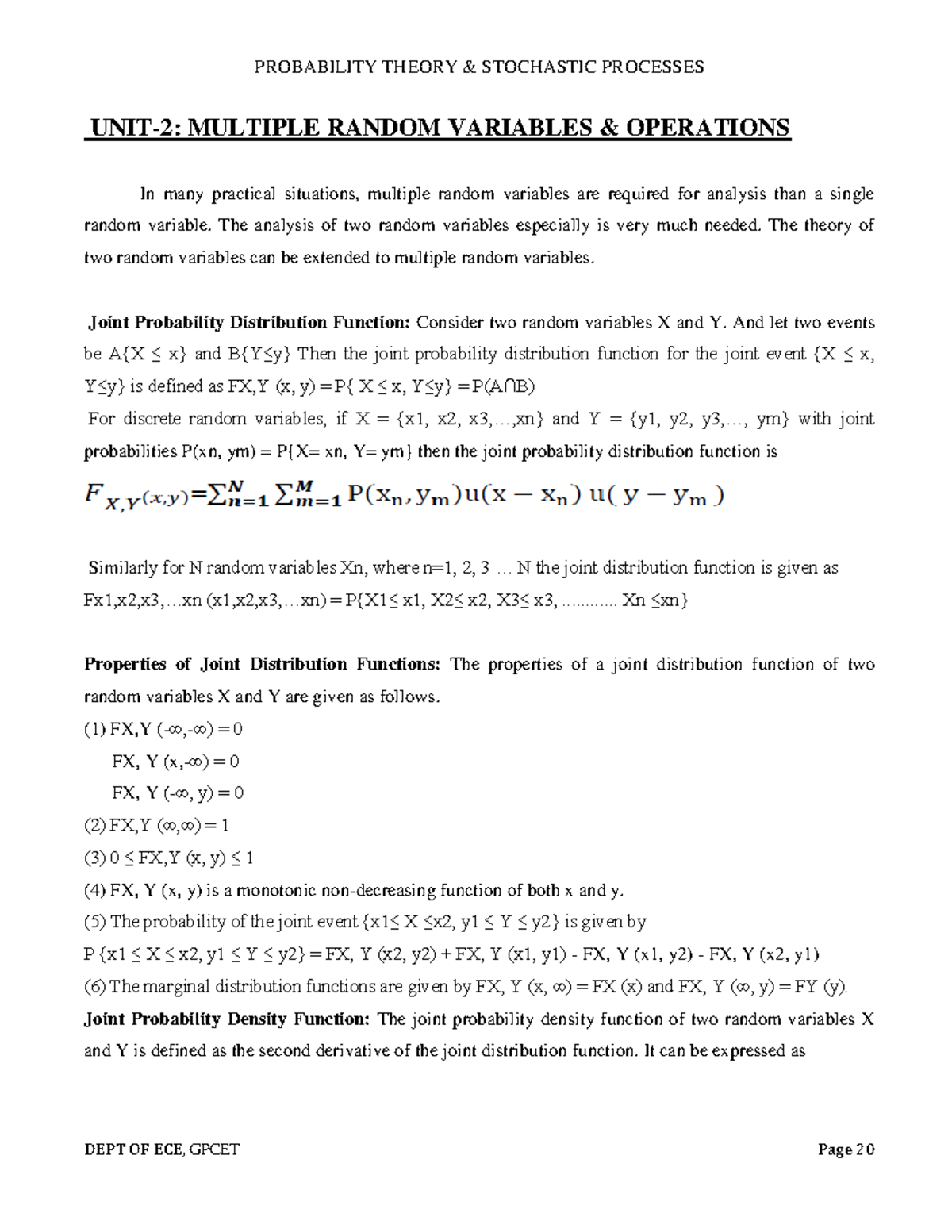 Ptsp notes unit 2 - UNIT-2: MULTIPLE RANDOM VARIABLES & OPERATIONS In ...
