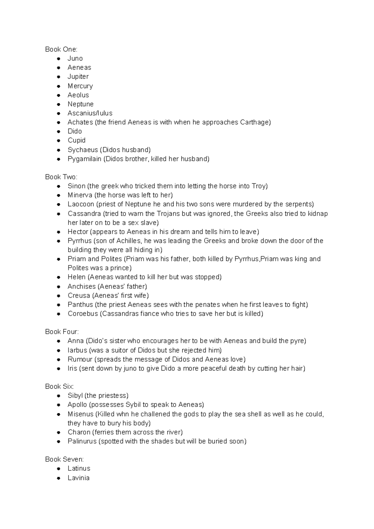 Character list of the Aeneid - Book One: Juno Aeneas Jupiter Mercury ...