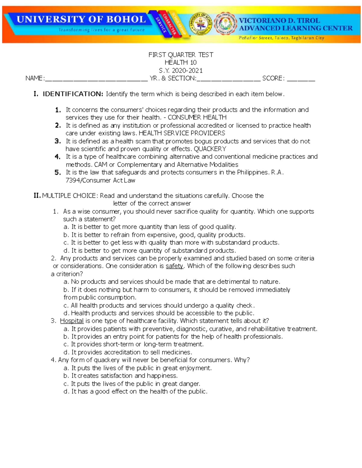 First Quarter TEST Health 10 - FIRST QUARTER TEST HEALTH 10 S. 2020 ...
