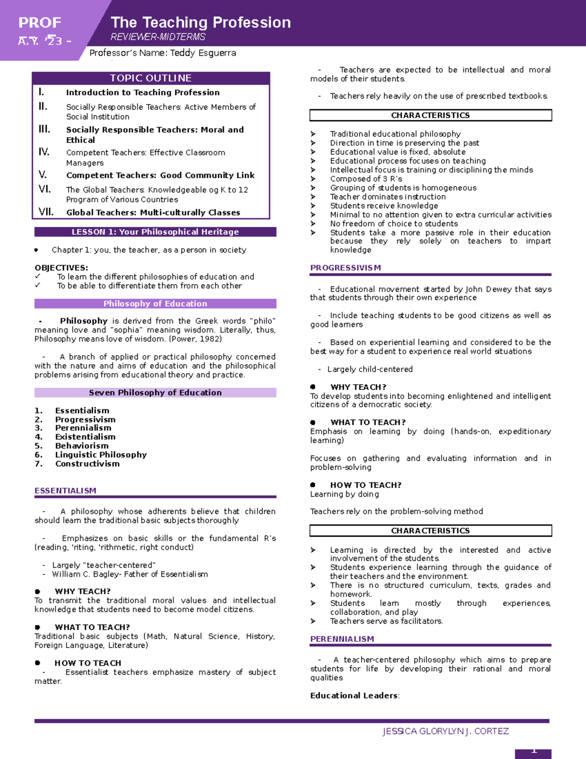 PROF ED 5- Reviewer - Lesson Summary - LESSON 1: Your Philosophical ...