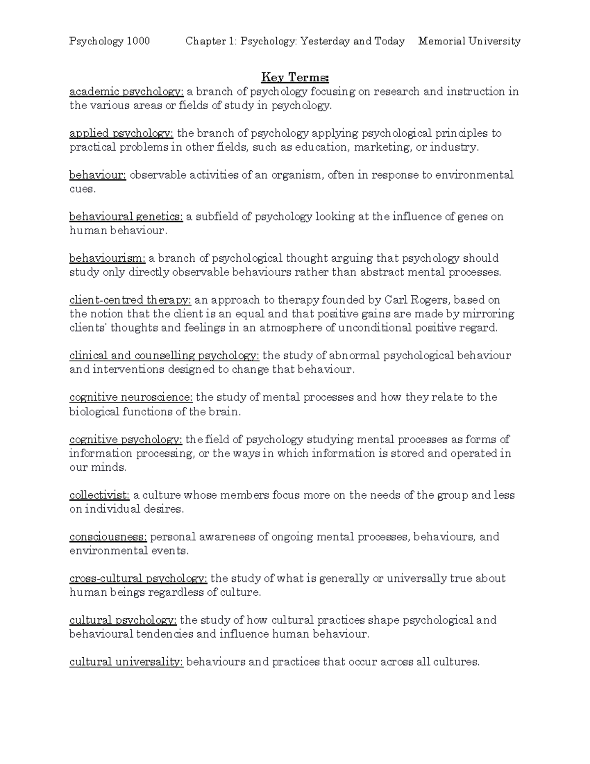 Chapter 1 Review - Key Terms: academic psychology: a branch of ...