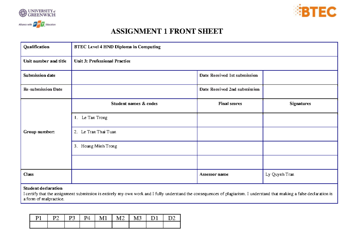 Assignment 1 GCD18787 Le Tan Trong - ASSIGNMENT 1 FRONT SHEET ...