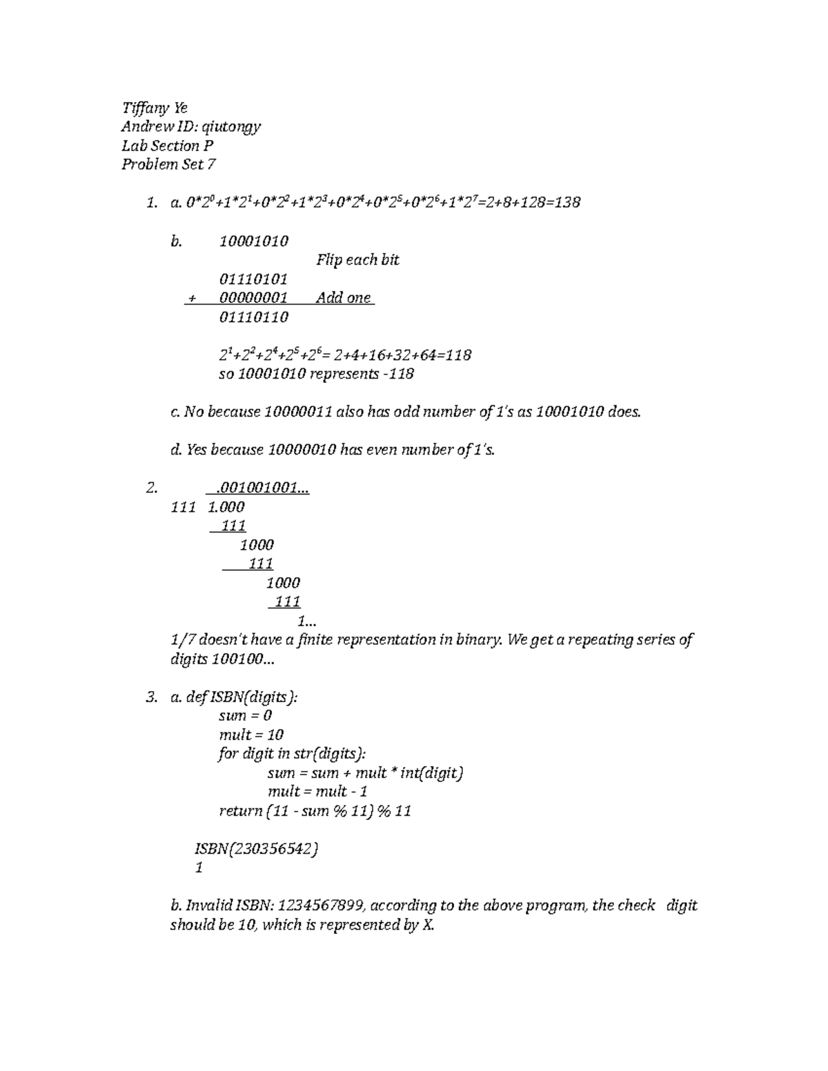 Problem Set 7 with Answer - Tiffany Ye Andrew ID: qiutongy Lab Section ...