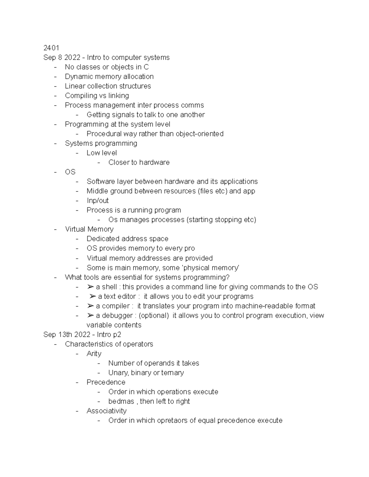 2401 notes - 2401 Sep 8 2022 - Intro to computer systems - No classes ...