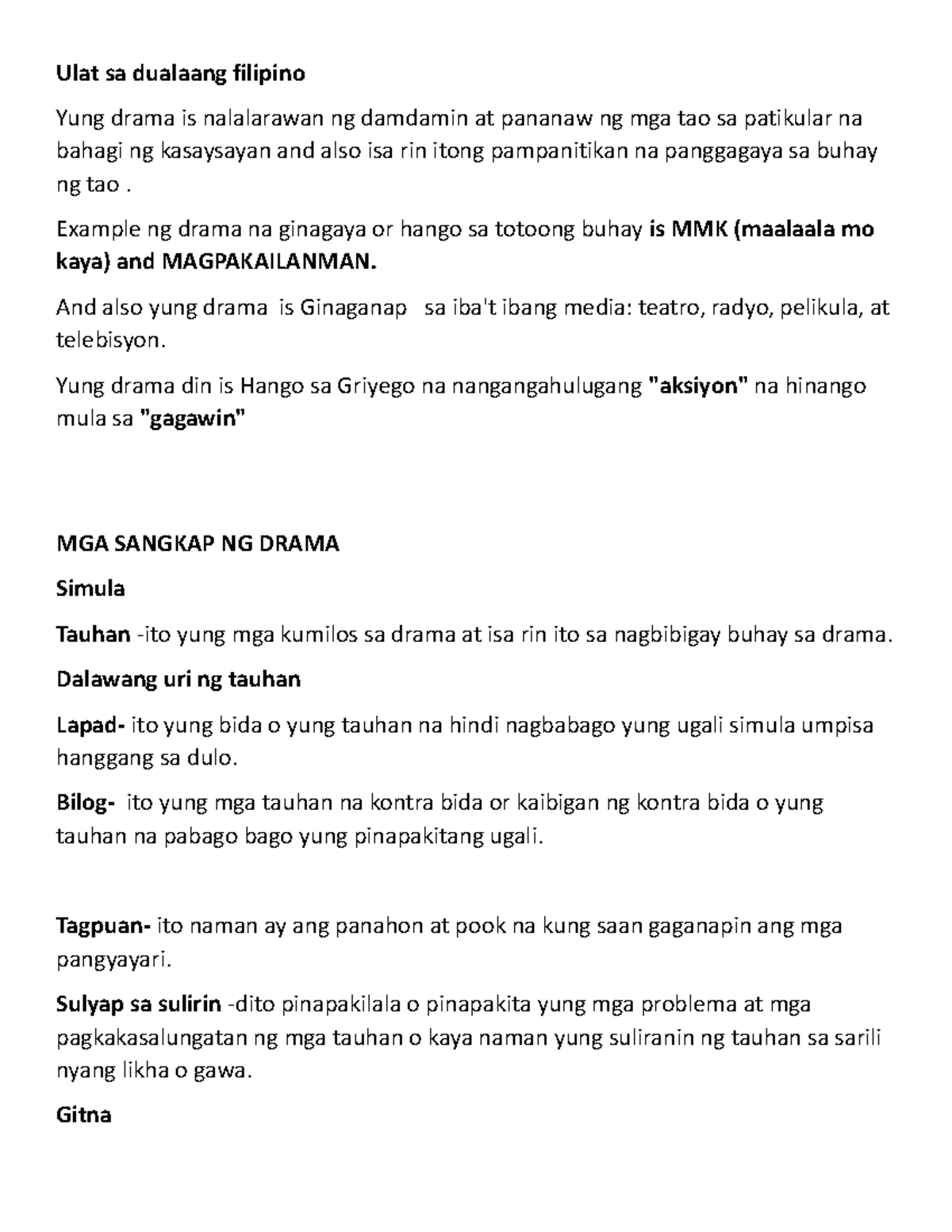 Ulat sa dualaang filipino - Example ng drama na ginagaya or hango sa ...