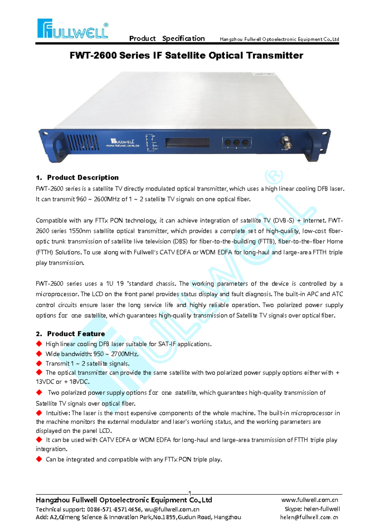FWT-2600 series IF Satellite Optical Transmitter- Fullwell - Product ...