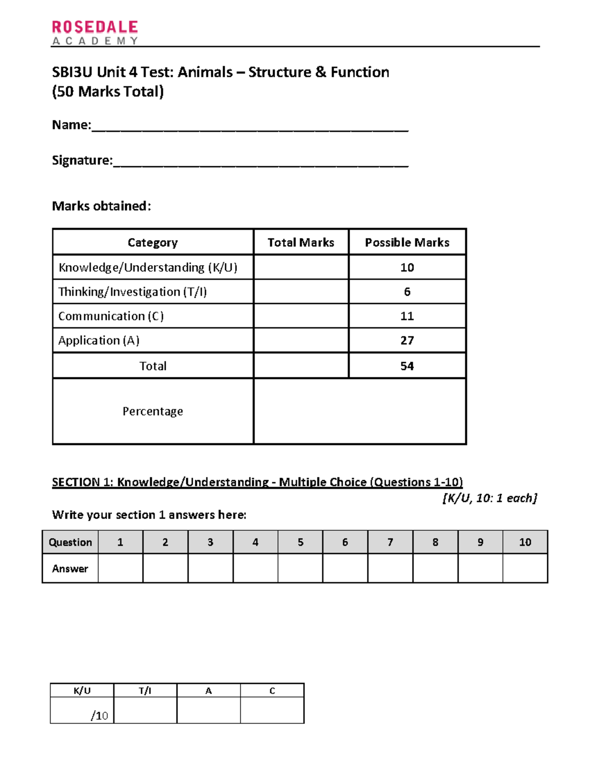 SBI3U Unit 4 Test (student version) - SBI3U Unit 4 Test: Animals ...