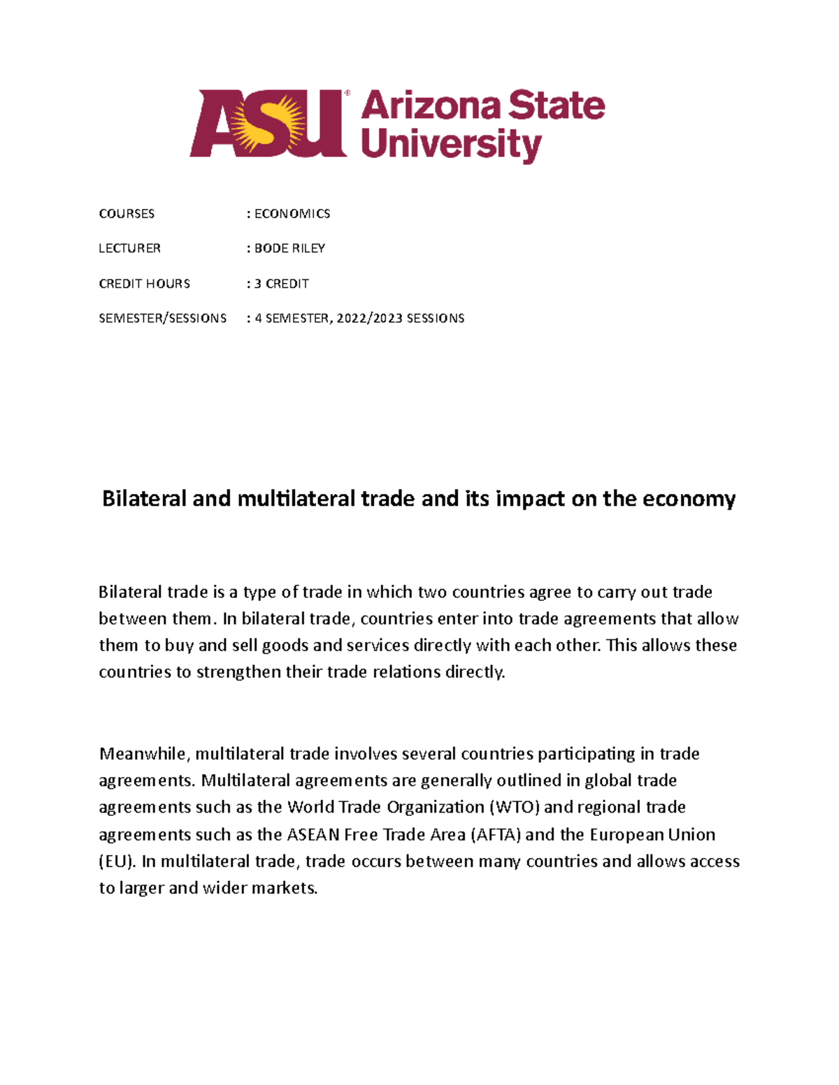 Bilateral and multilateral trade and its impact on the economy ...