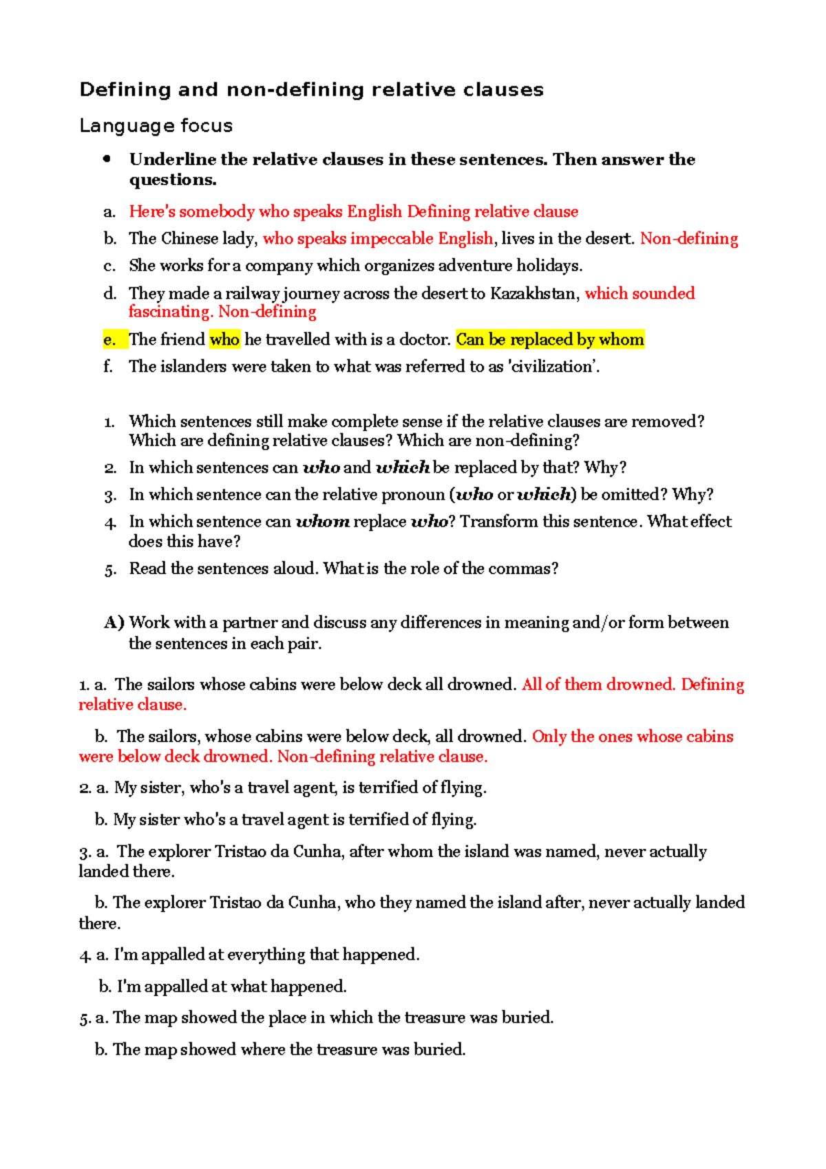 Grammar II lesson relative clauses - Defining and non-defining relative ...