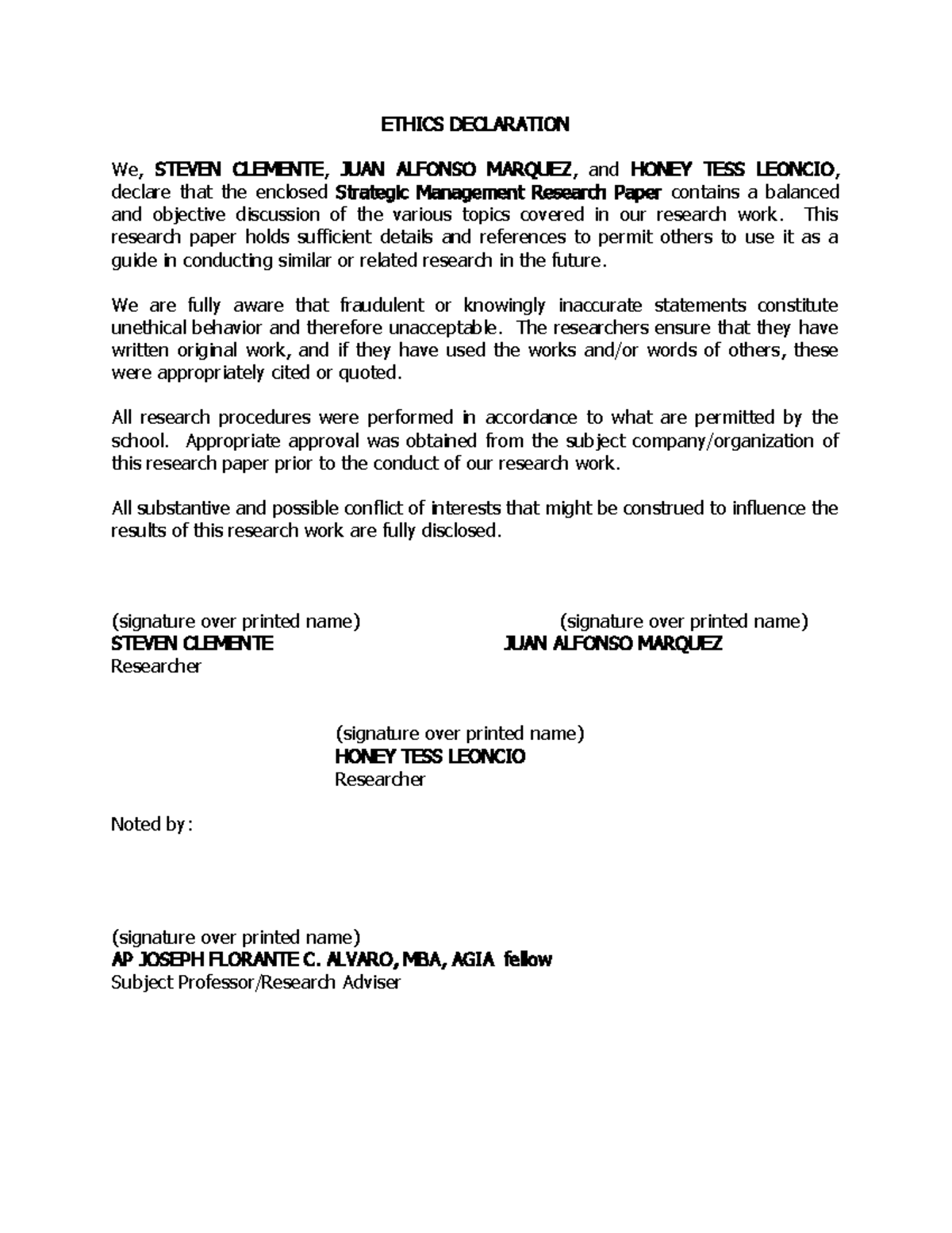 Ethics Declaration template for Strama paper - ETHICS DECLARATION We ...