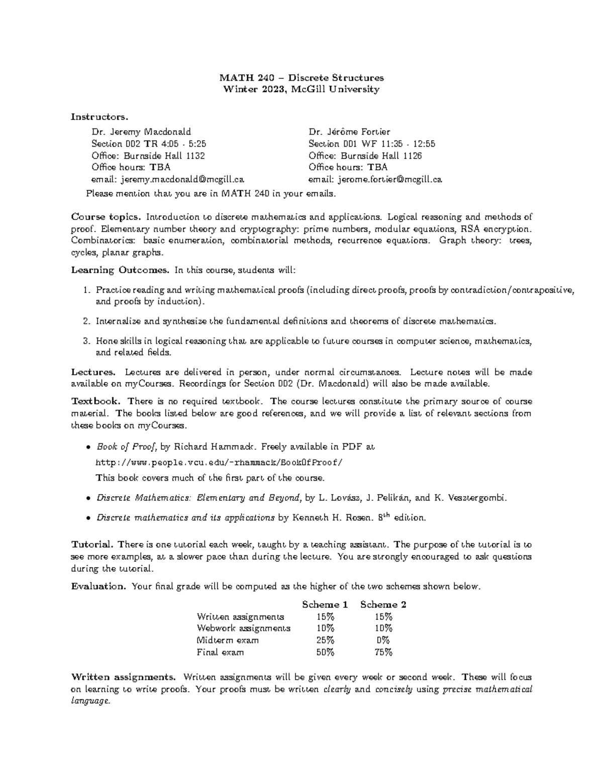MATH 240 Winter 2023 Syllabus - MATH 240 – Discrete Structures Winter ...