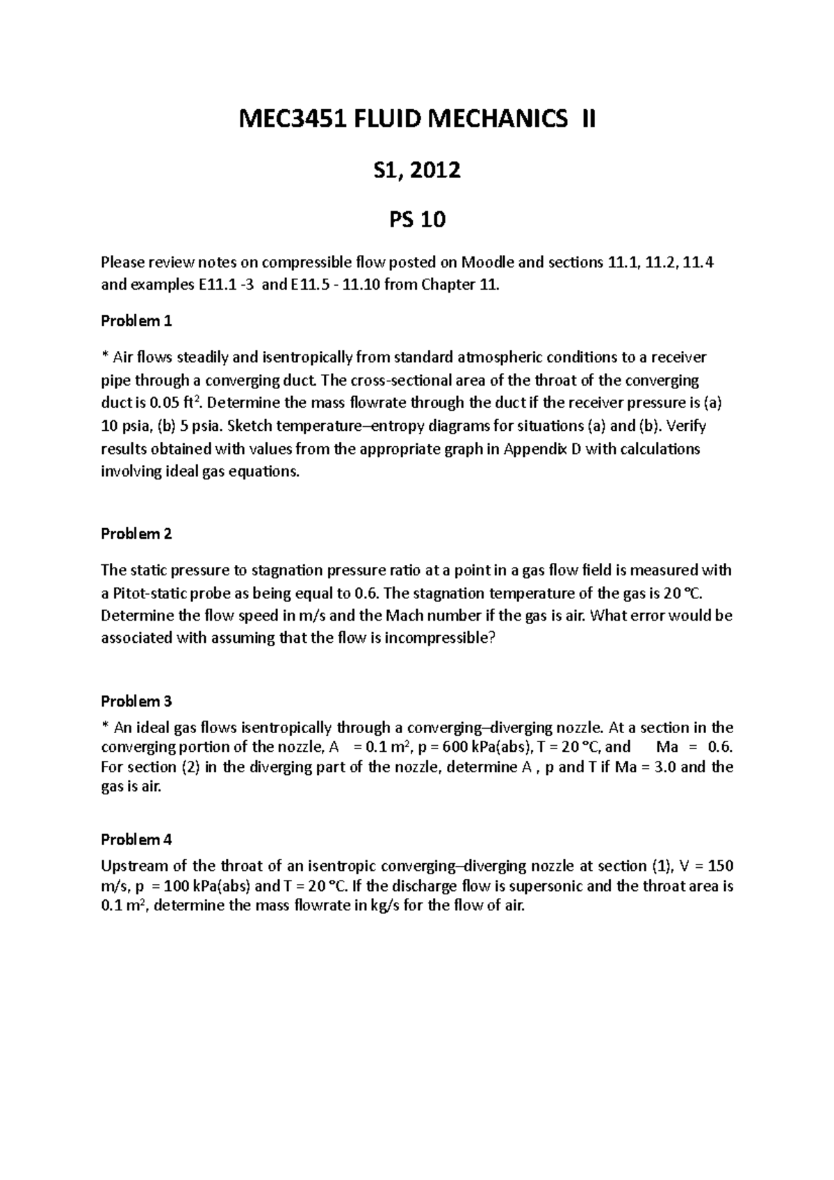 Sample/practice exam 2012, answers - MEC3451 FLUID MECHANICS II S1, PS ...