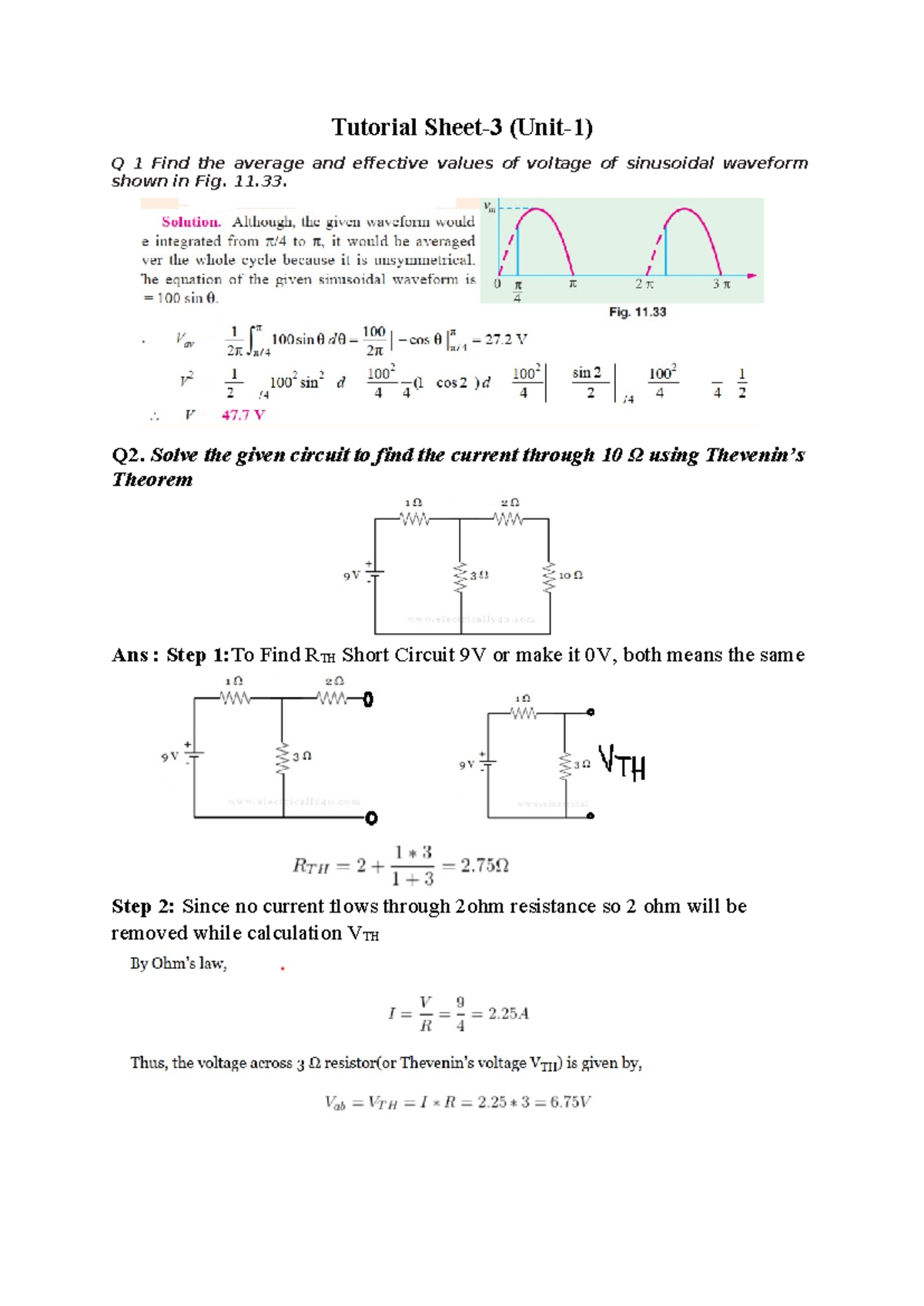 Tutorial Sheet 3 Unit1 - Tutorial Sheet-3 (Unit-1) Q 1 Find the average and effective values of ...