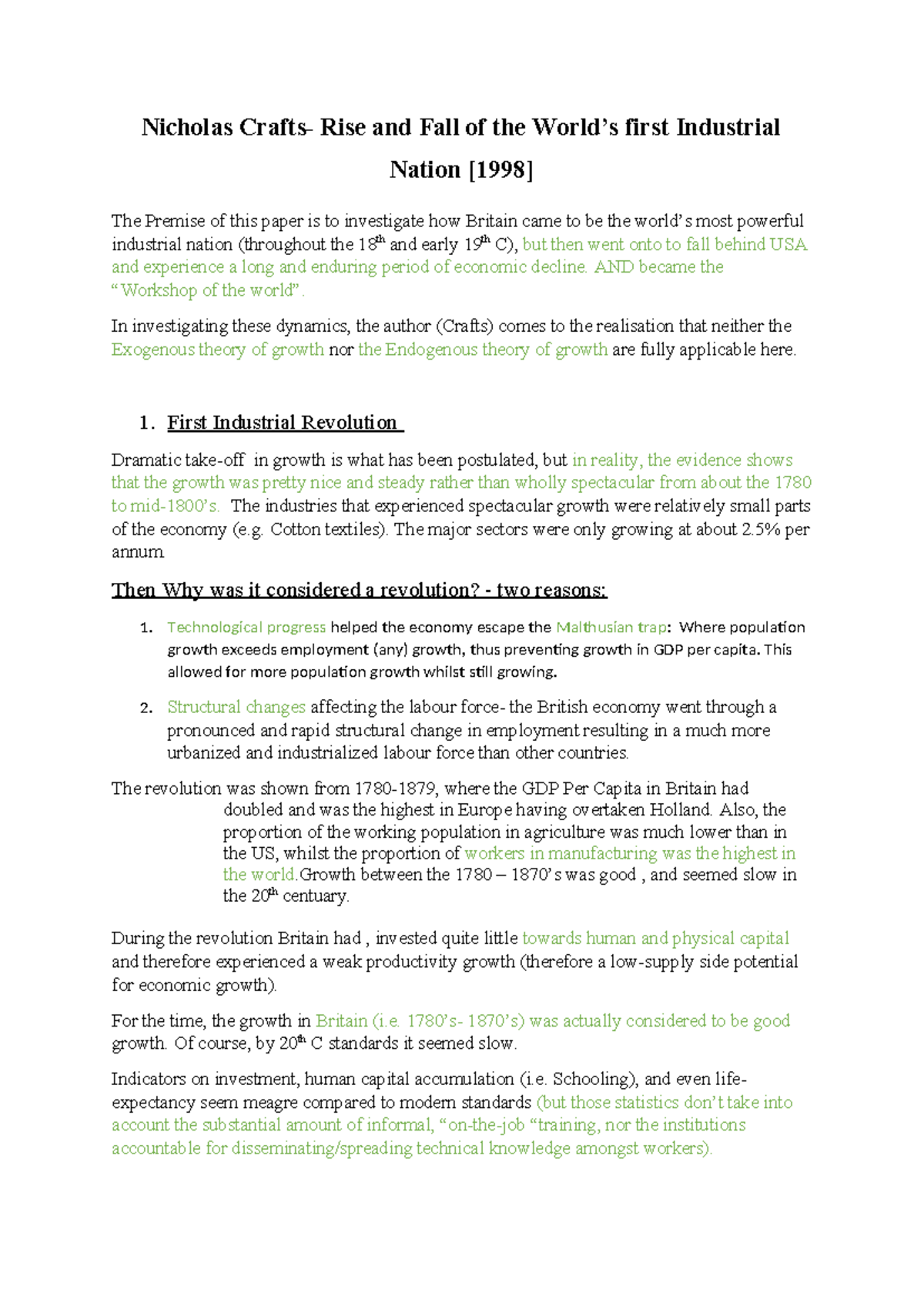 Nicholas Crafts Notes - Summary Macro economics - Nicholas Crafts- Rise ...