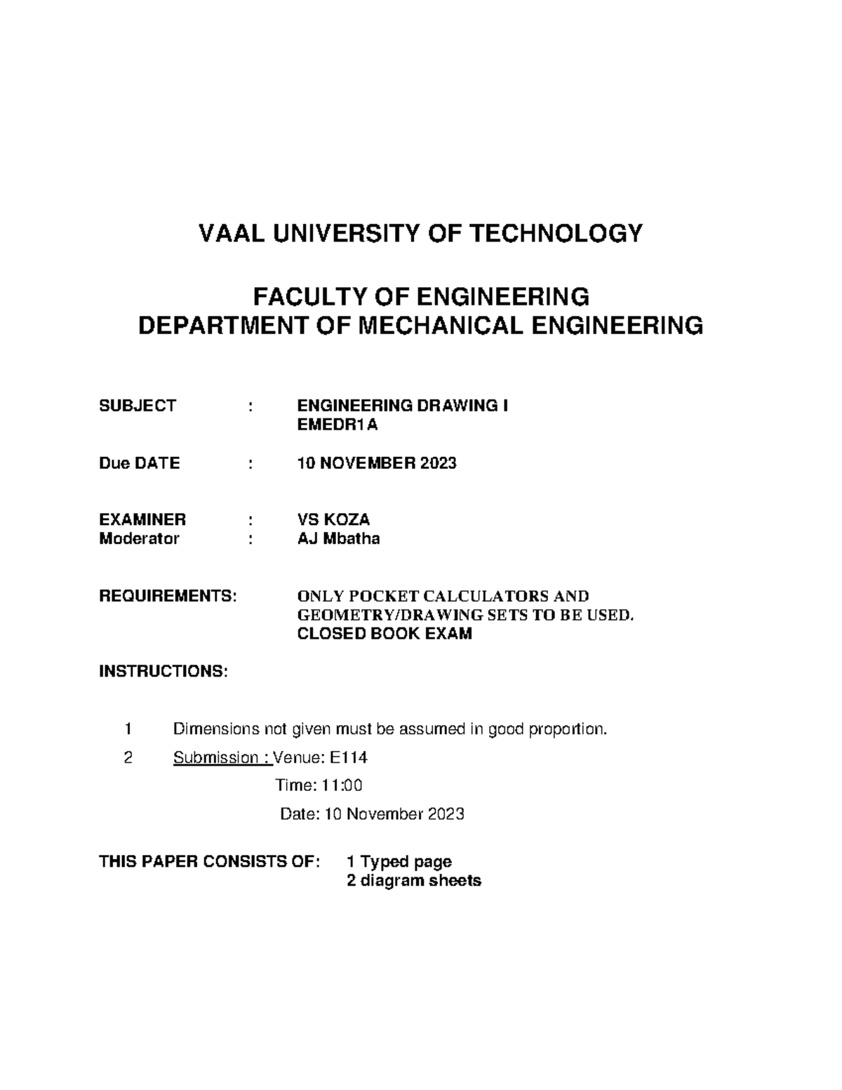 Drawing 1 Project 2023-2 - VAAL UNIVERSITY OF TECHNOLOGY FACULTY OF ...