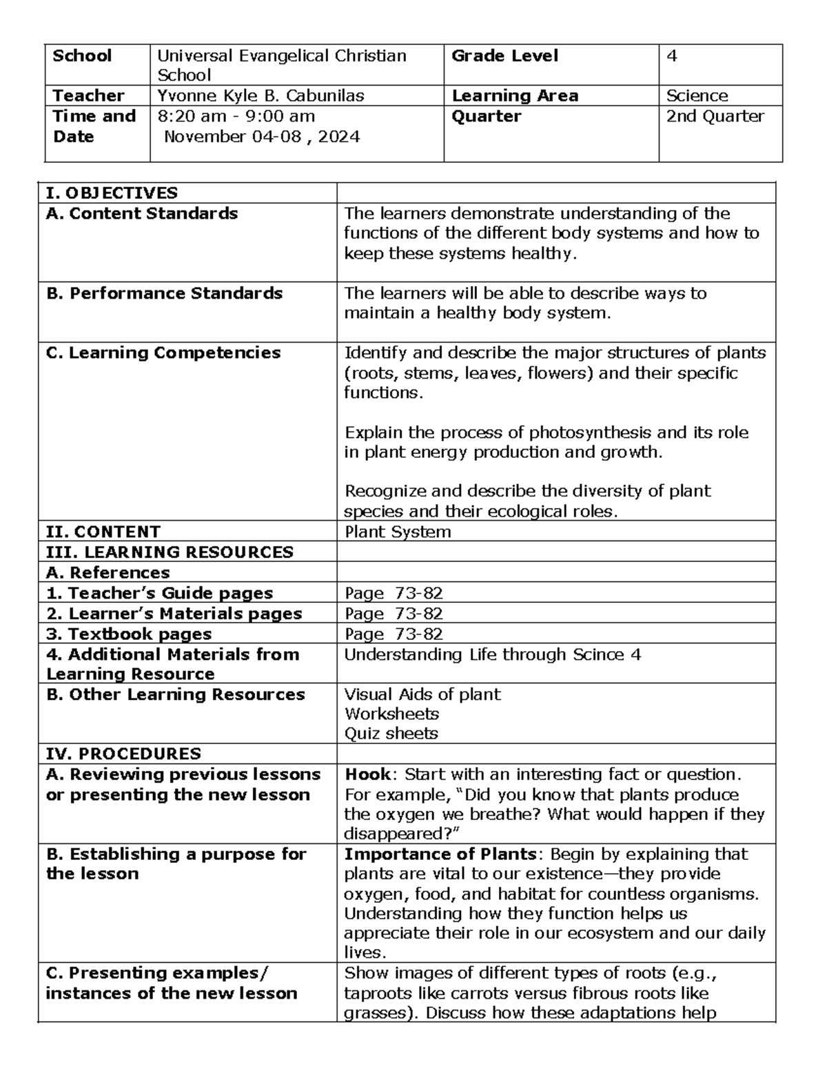 Science NOV 1ST WEEK - lesson plan - I. OBJECTIVES A. Content Standards ...
