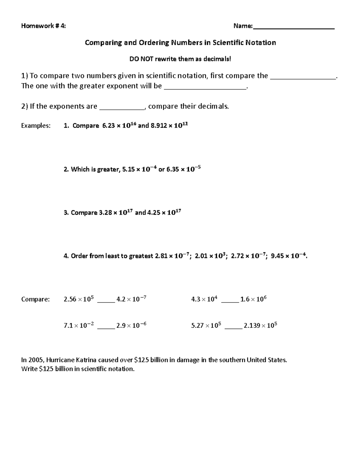 Homework - Scientific Notation - Homework # 4: Name ...