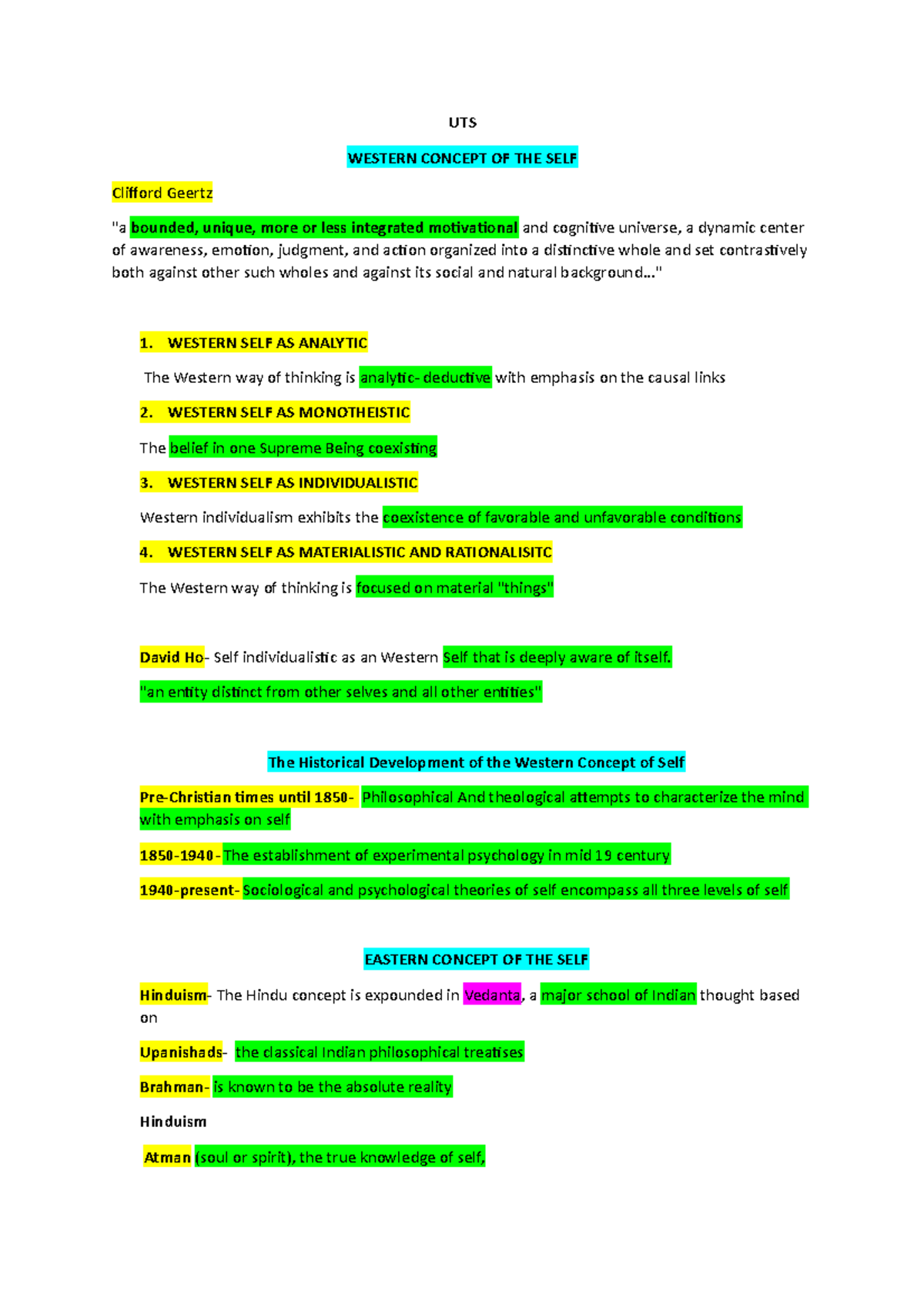 Midterms Reviewer FOR UTS, Purcom,KKF - UTS WESTERN CONCEPT OF THE SELF Clifford Geertz "a - Studocu